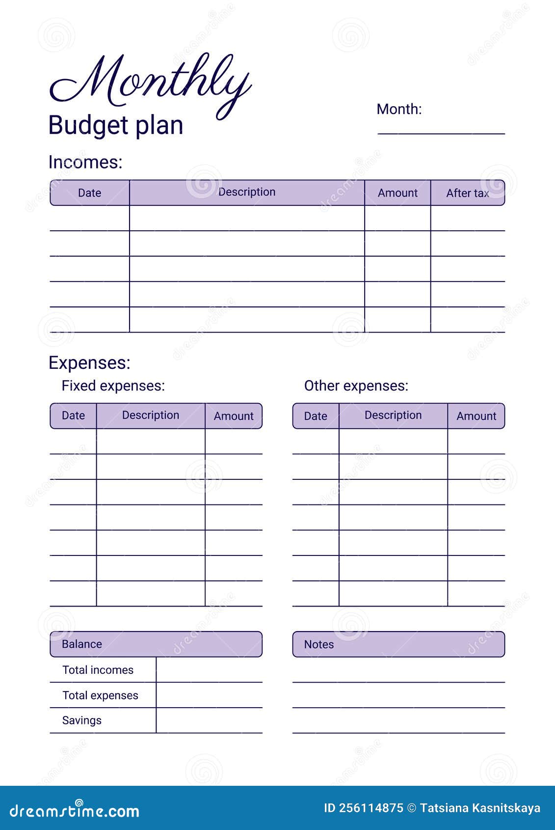 Monthly Personal Budget Plan Concept. Printable Template, A4 Format ...