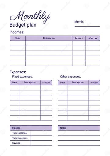 Monthly Personal Budget Plan Concept. Printable Template, A4 Format ...