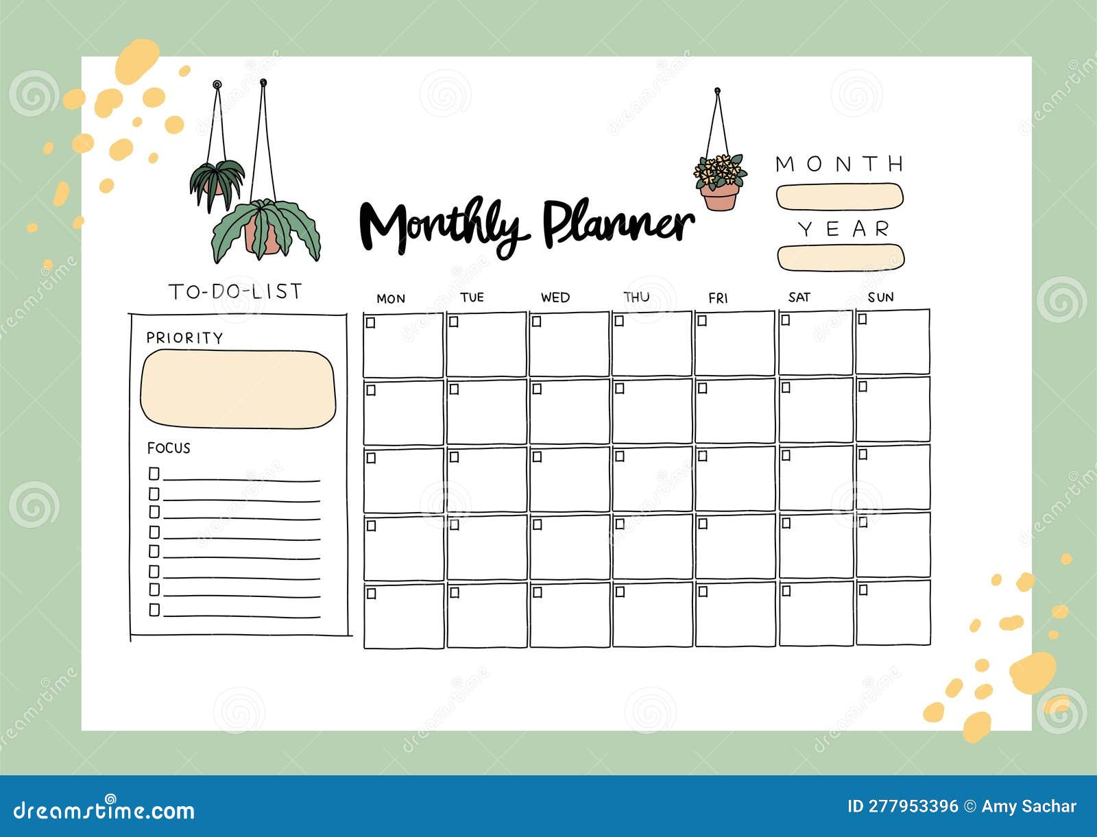 Monthly Planner with Green Plant Design Illustration Stock Vector ...