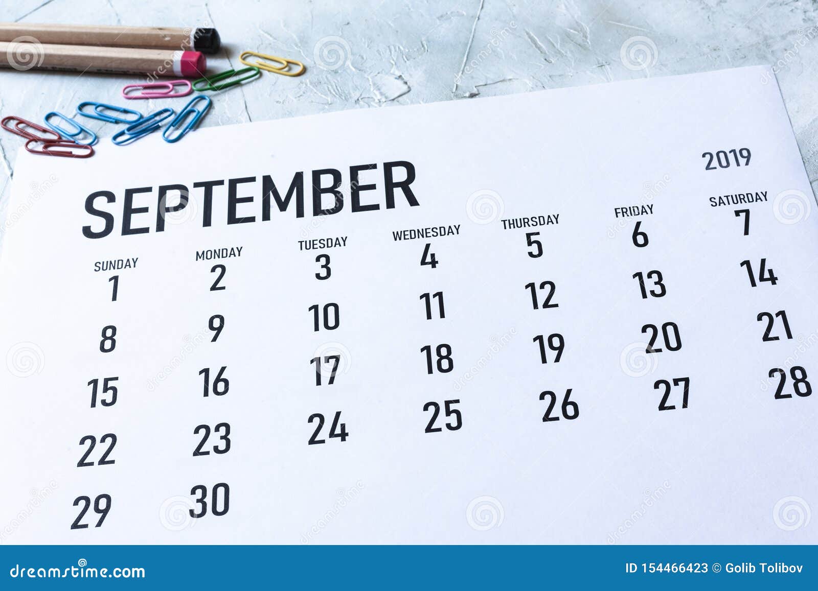 Monthly September 2019 Calendar Stock Image - Image of close, business ...