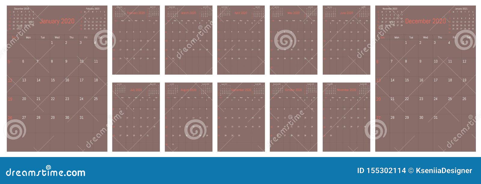 2020 Monthly Wall Calendar. Vector Simple Design Stock Vector ...