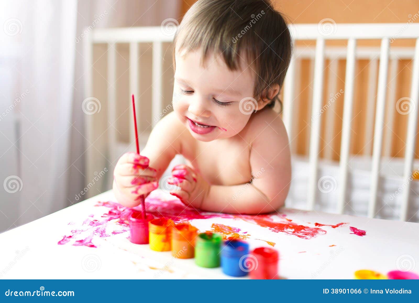 18 months baby with paints stock photo. Image of draws - 38901066