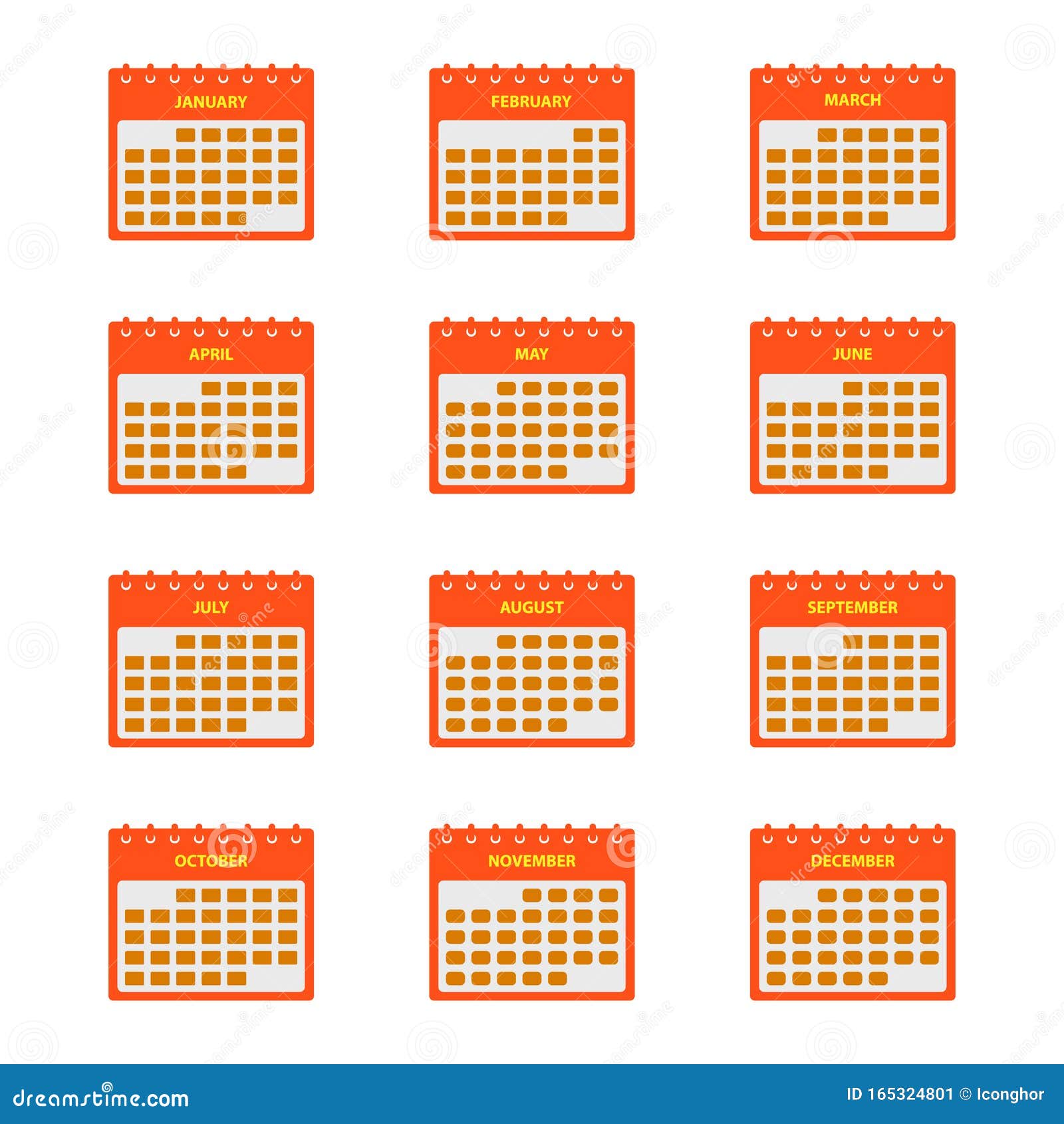 12 Months Calendar Icon Set. Stock Vector - Illustration of flat ...