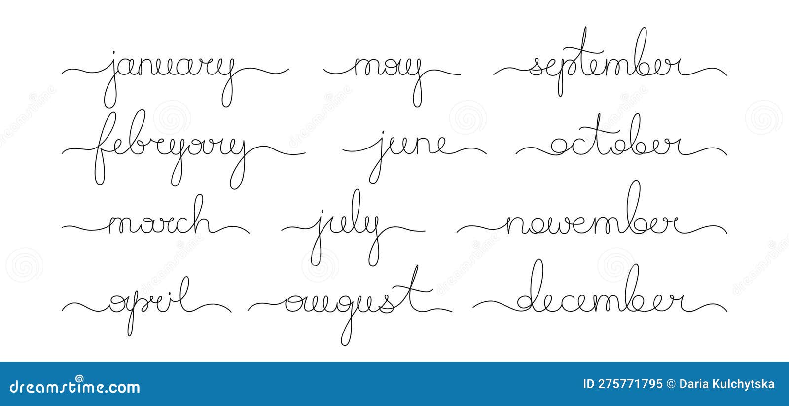 Months Names Line Cursive Calligraphy Set Calendar Continuous ...