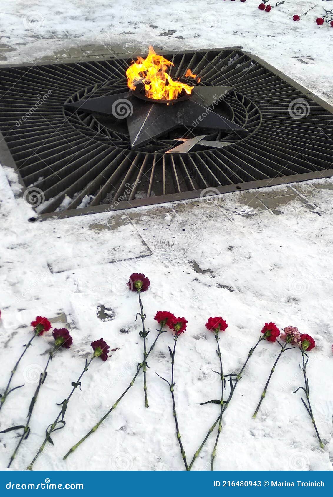 Monument with Eternal Flame Red Flowers. Burning Fire and Star - Symbol ...