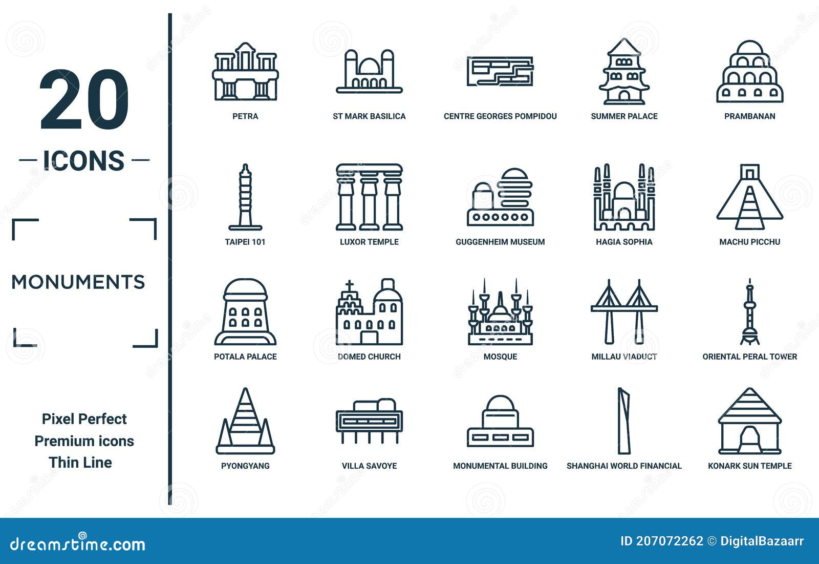 Monuments Linear Icon Set. Includes Thin Line Petra, Taipei 101, Potala ... Monuments Linear Icon Set. Includes Thin Line Petra, Taipei 101, Potala ...
