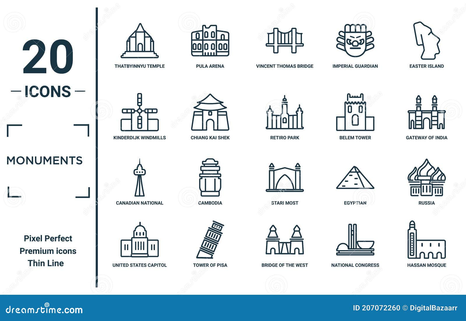Monuments Linear Icon Set. Includes Thin Line Thatbyinnyu Temple ... Monuments Linear Icon Set. Includes Thin Line Thatbyinnyu Temple ...