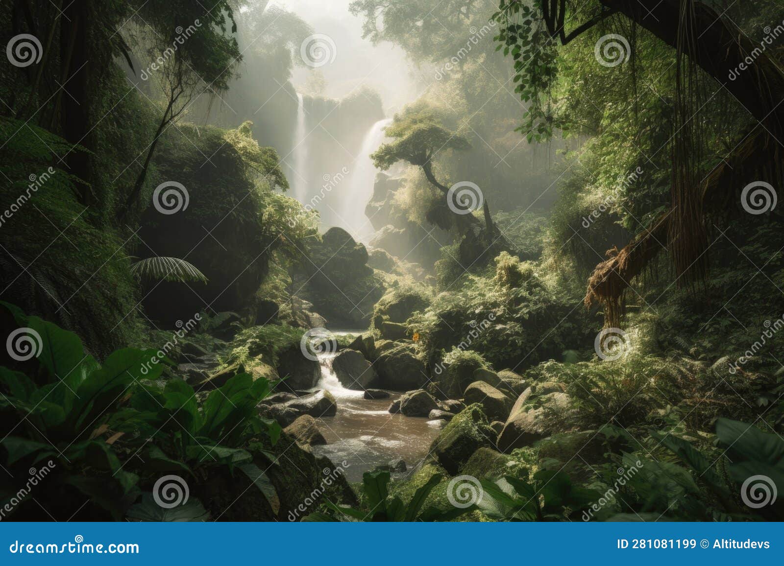 Mood-setting Waterfall Surrounded by Lush Greenery and Misty Atmosphere ...