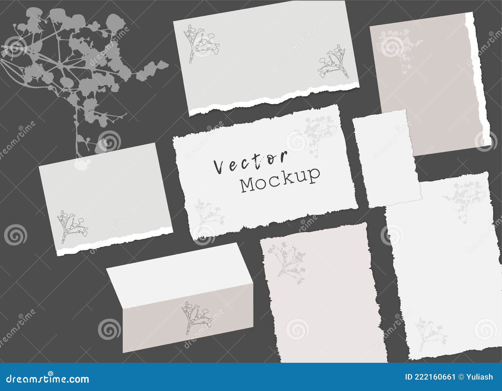 Set Of Paper With Ragged Edges, Booklet And Flower Branch. Mood Board ...