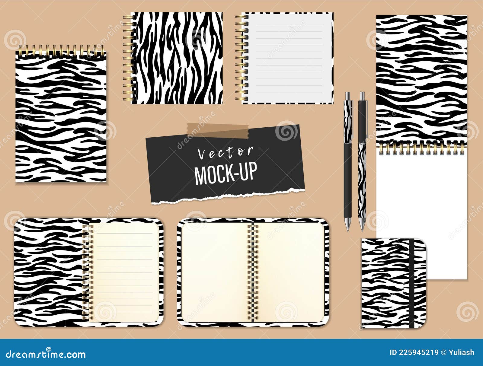 Set of Open and Closed Notepads, Organizer, Diary, and Pens. Zebra Skin ...
