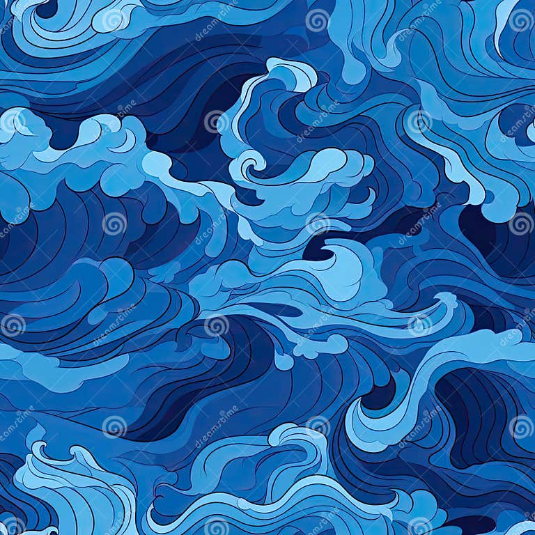 Moody Blue Wave Pattern with Atmospheric Clouds and Bold Lines (tiled ...