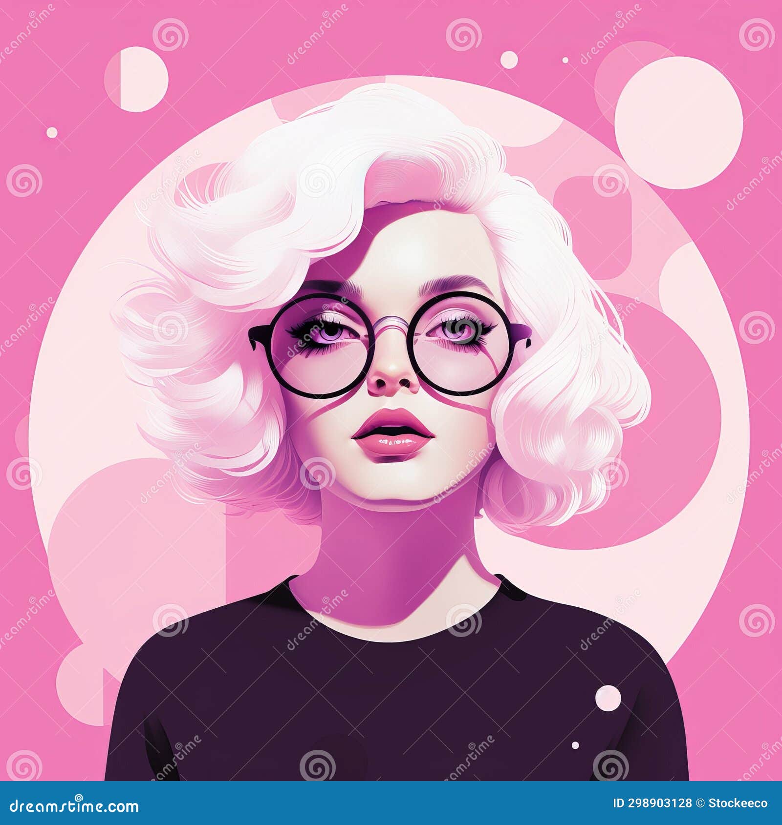 Moody Colors And Retro Glamor Illustrated Girl In Glasses On Pink