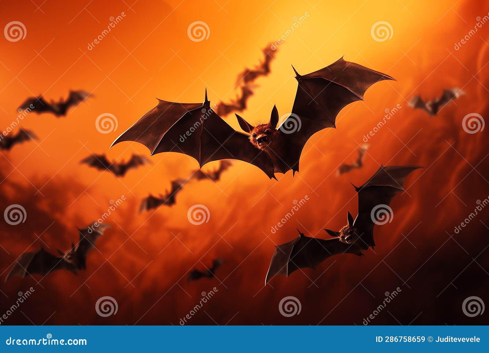 Moody Night Scene With Flying Bats On Sky And Moon Background Royalty ...