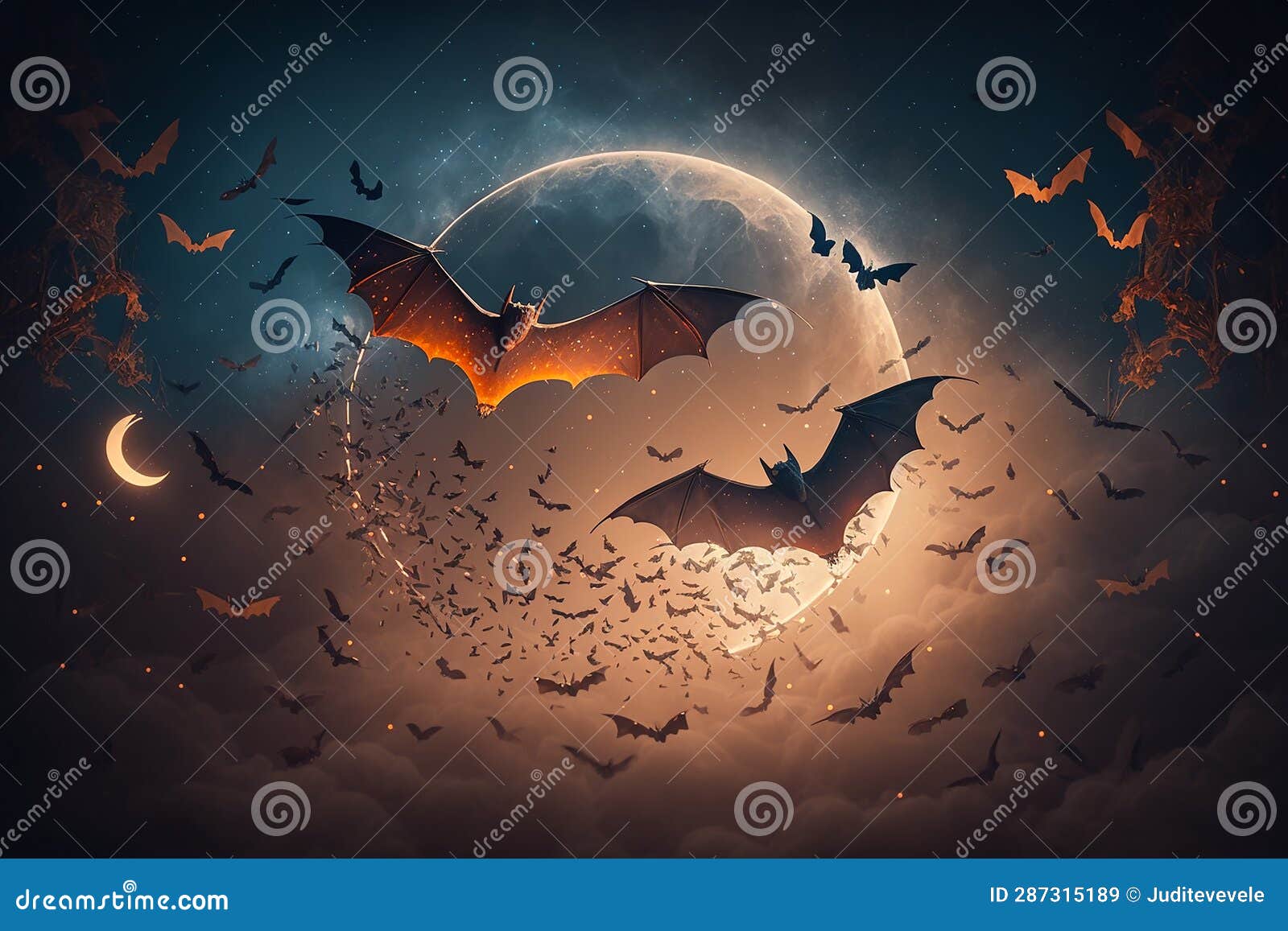 Moody Night Scene With Flying Bats On Sky And Moon Background Royalty ...