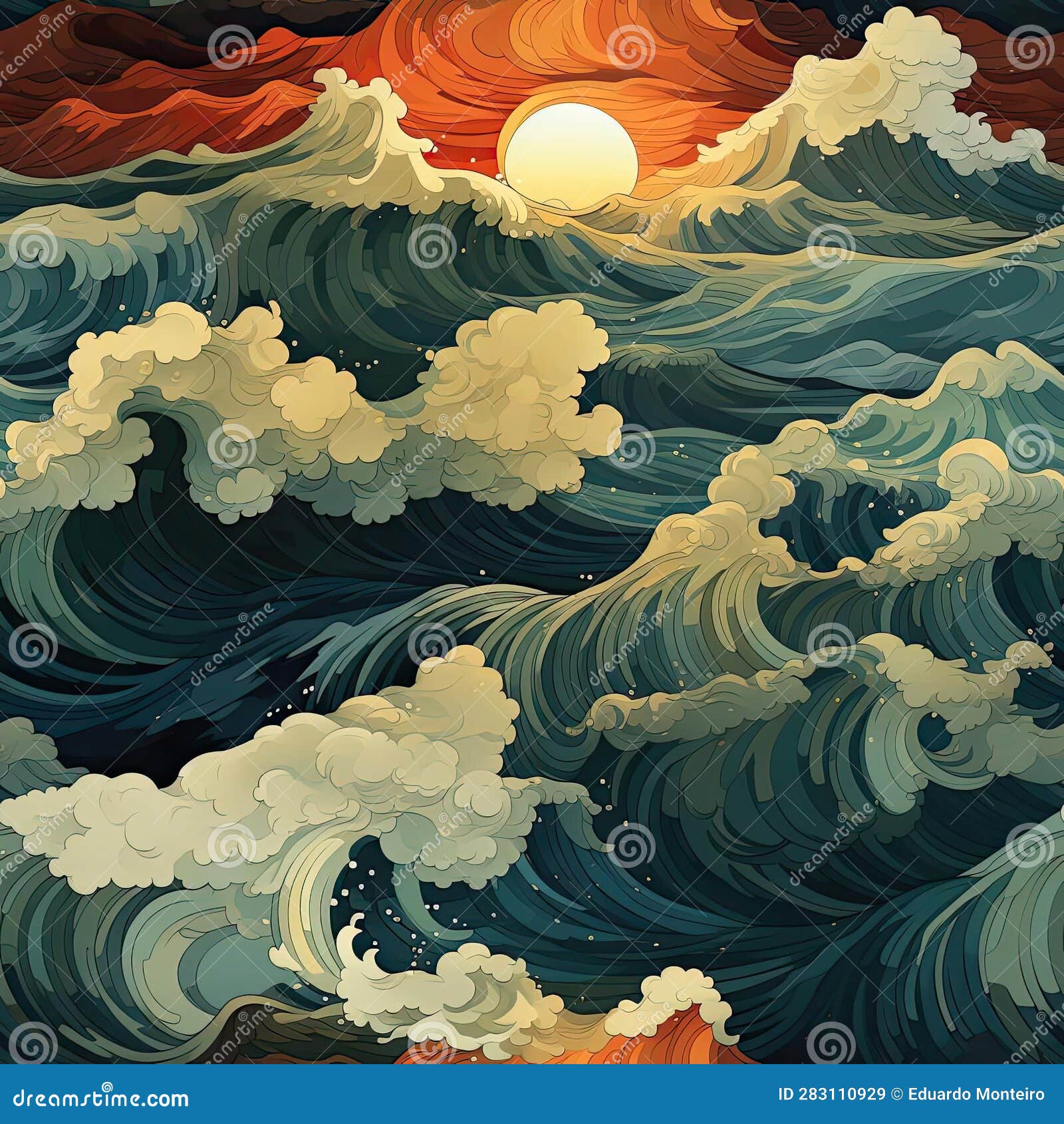 Moody Ocean Scene with Waves, Clouds, and a Rising Sun (tiled) Stock ...