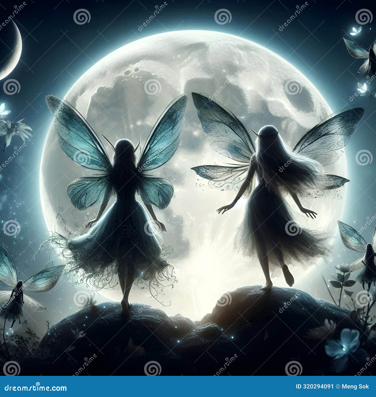 The Moon is in the Background, Flanked by Two Fairies with Wings. Stock ...