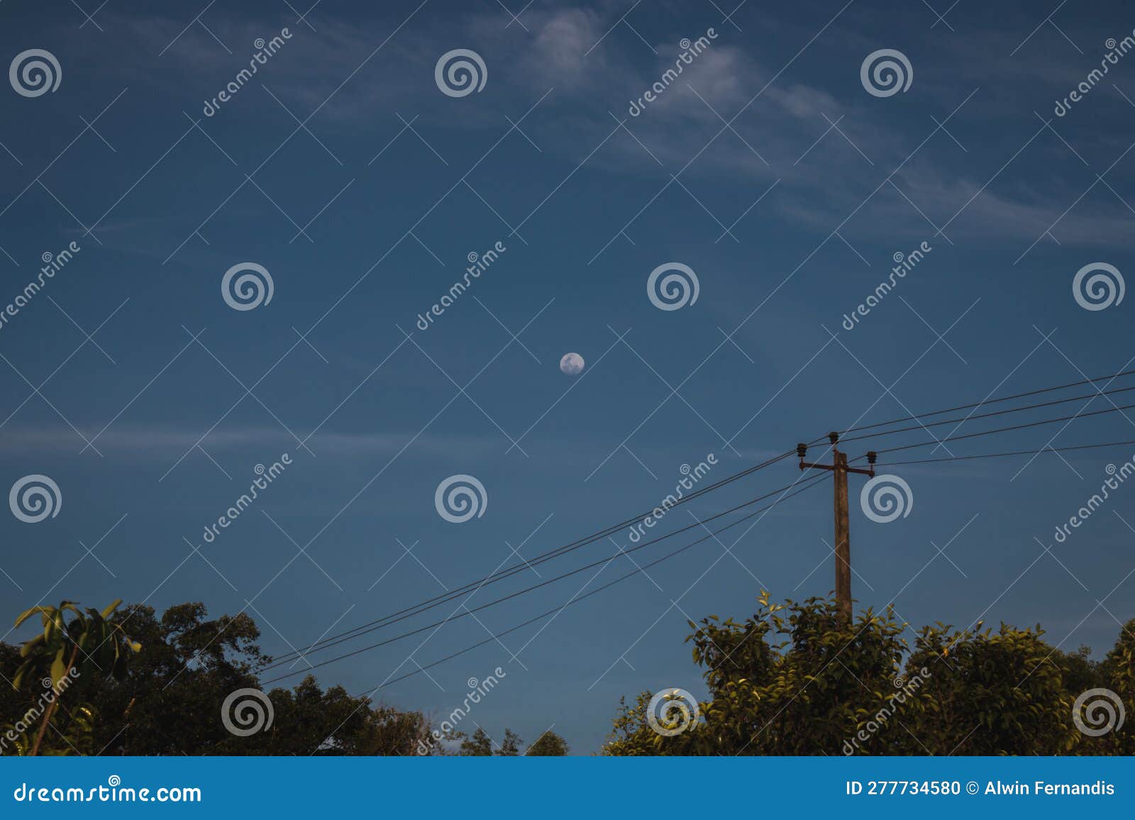 Moon in the Blue Sky with Power Line and Electricity Pole Stock Photo ...