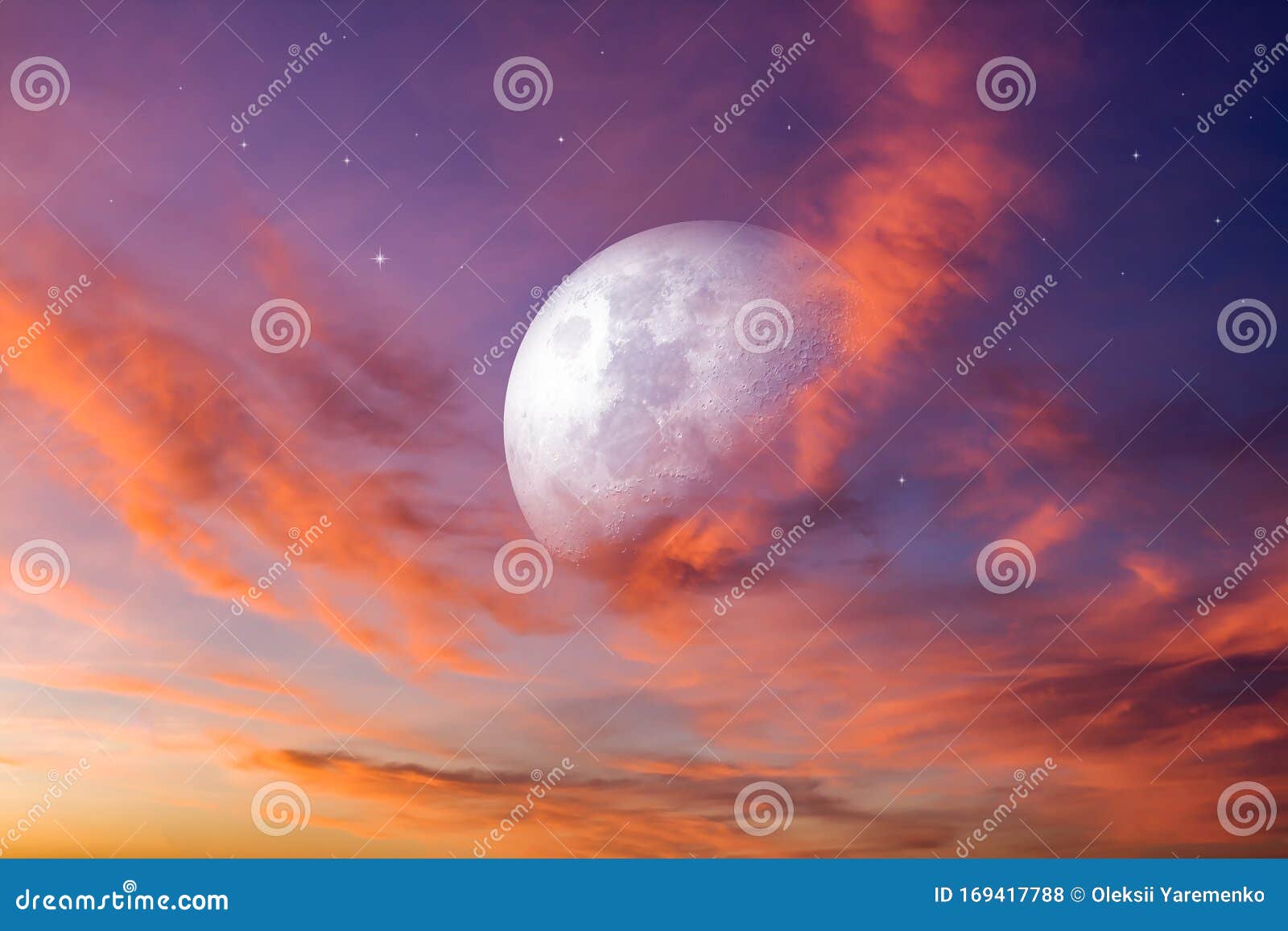 Moon in Bright Clouds of Sunset Sun . New Moon . the Sky at Night with ...