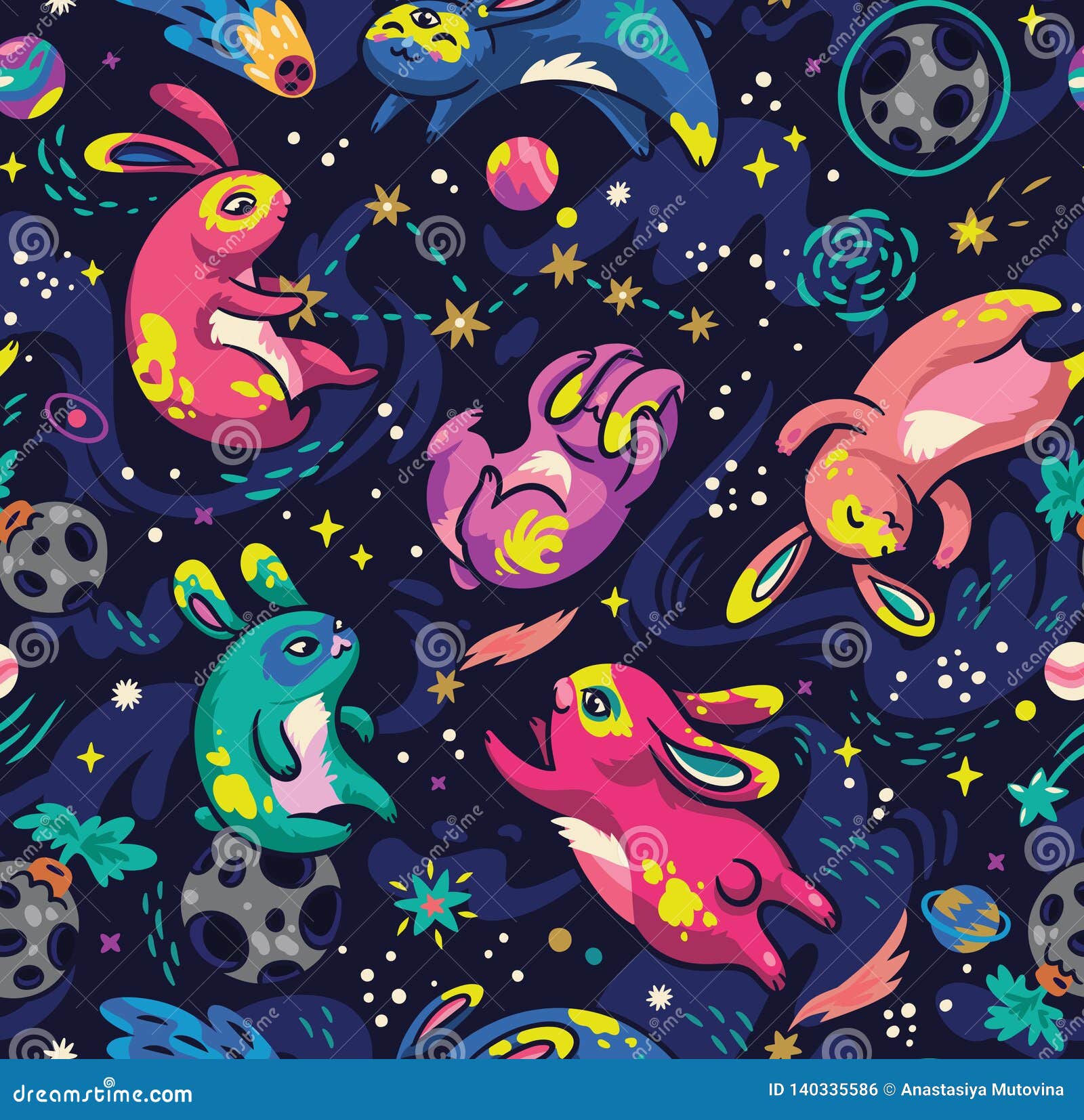 Moon Bunnies Exploring the Space. Vector Seamless Pattern Stock Vector ...