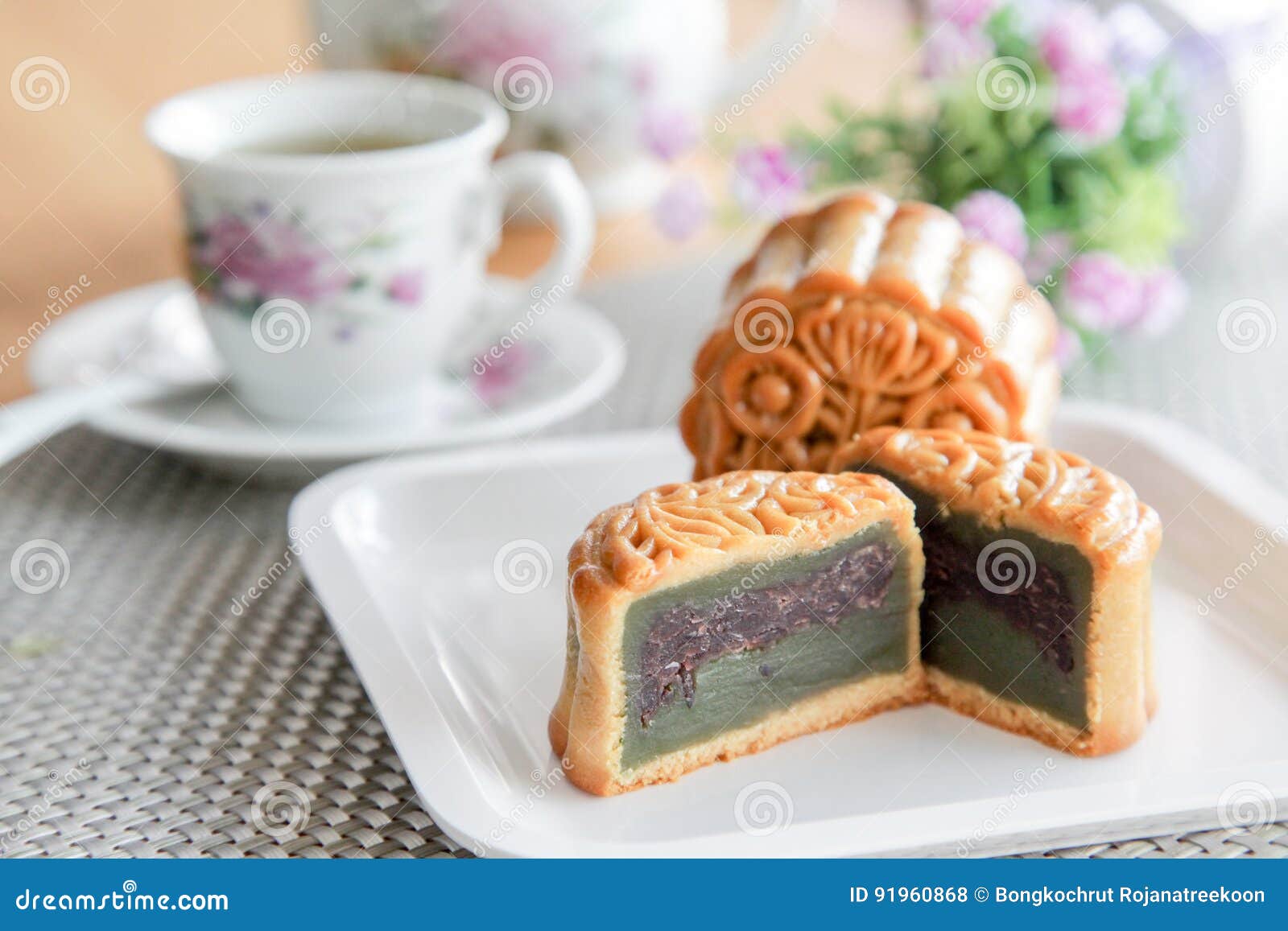 Moon Cake with Green Tea and Red Bean Filling Stock Photo - Image of ...