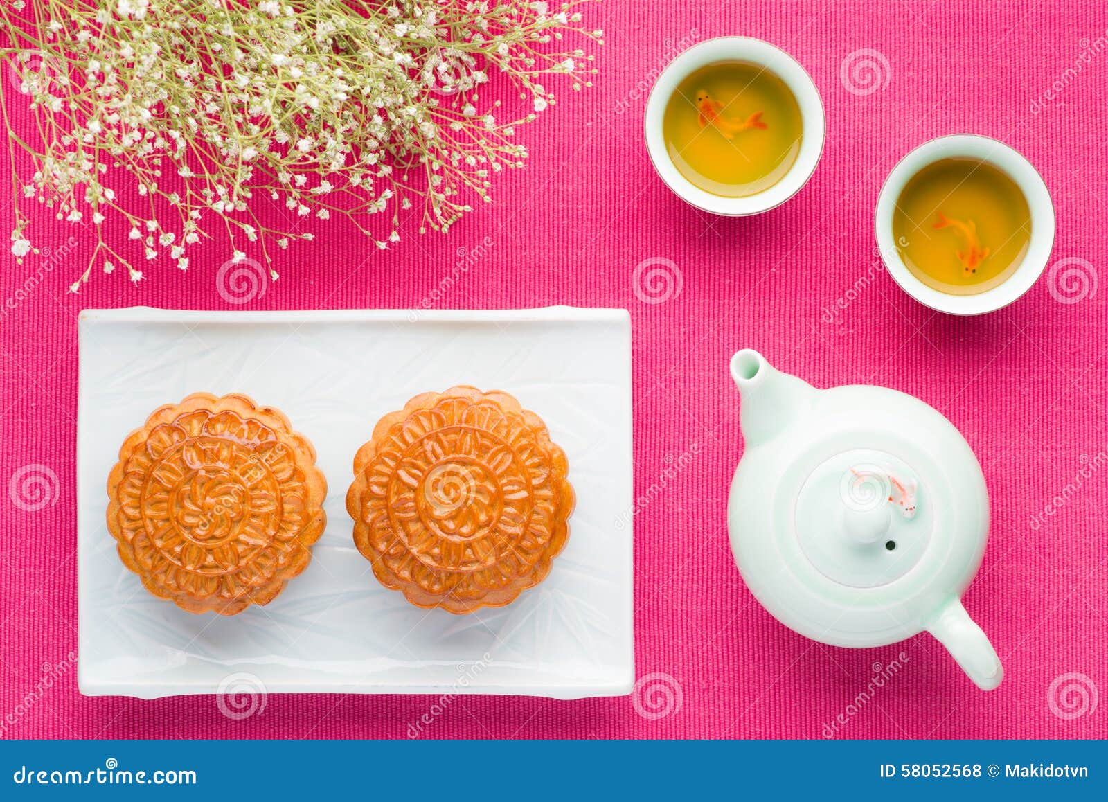 Moon cake with tea stock photo. Image of ornate, pile - 58052568