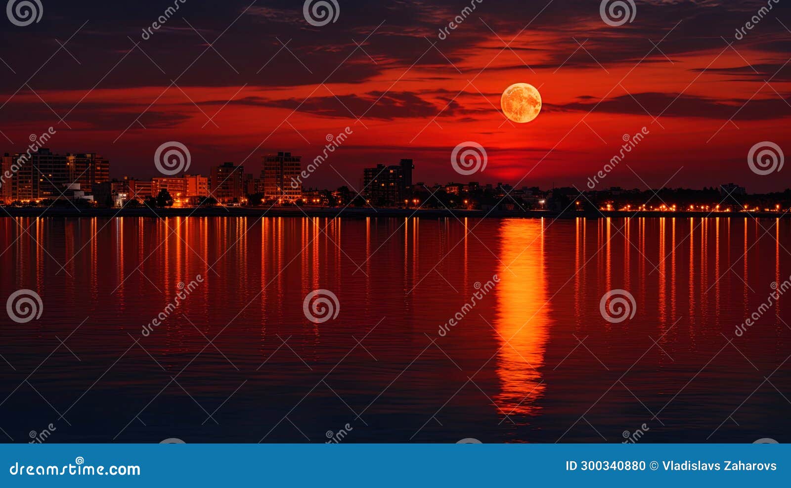 Moon City: Big Red Moon and the City Island at Night Stock Illustration ...