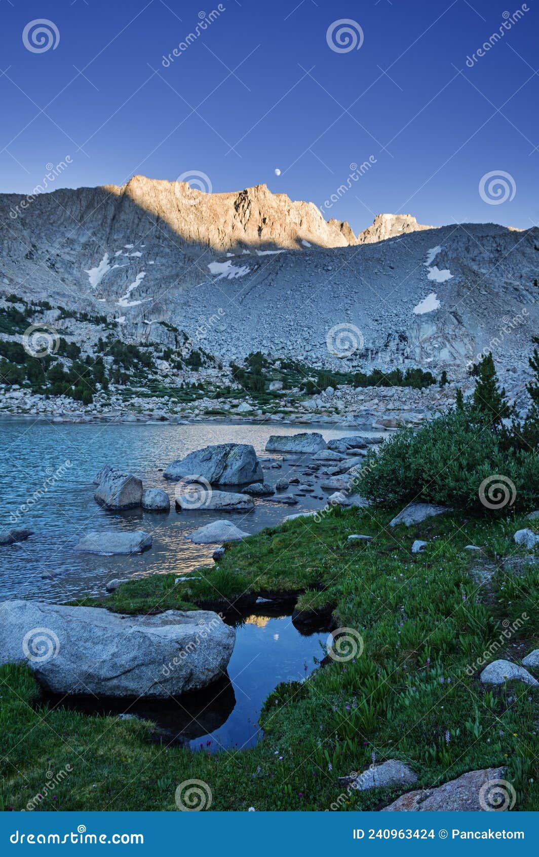 Moon and Cliffs Reflected in Midnight Lake Stock Photo - Image of ...
