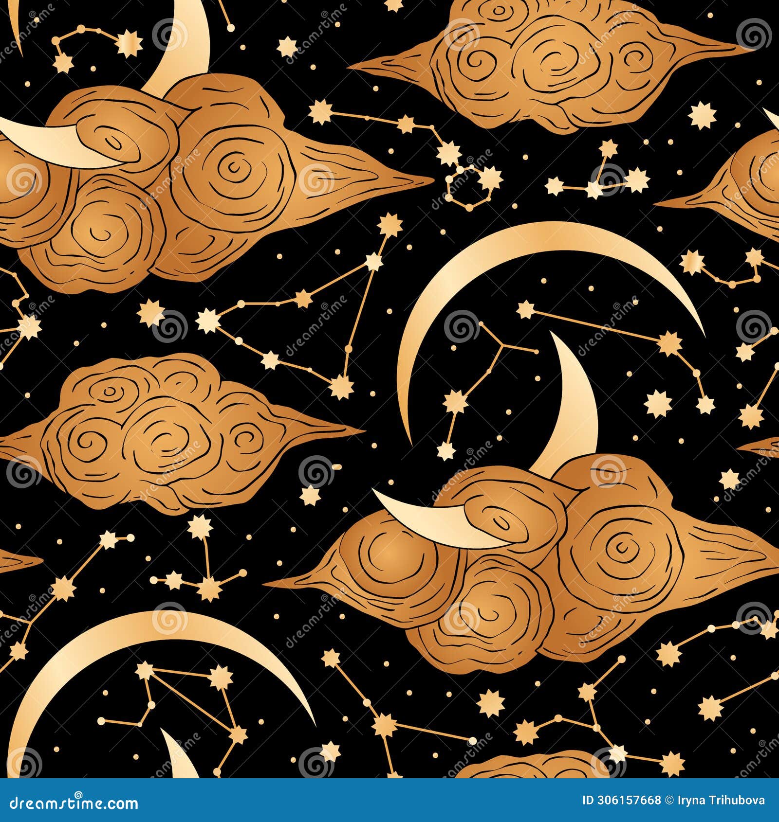 Moon Cloud Dark Starry Night Golden Magic Constellation Astronomy Astrology Seamless Pattern ...