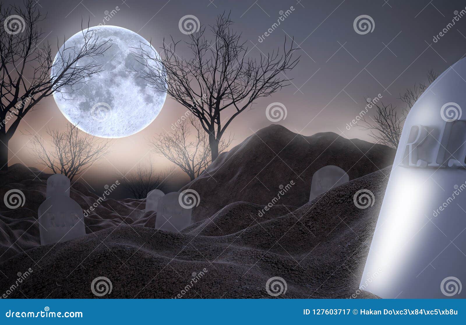 Moon and Dead Trees Cemetery in the Night Stock Illustration ...