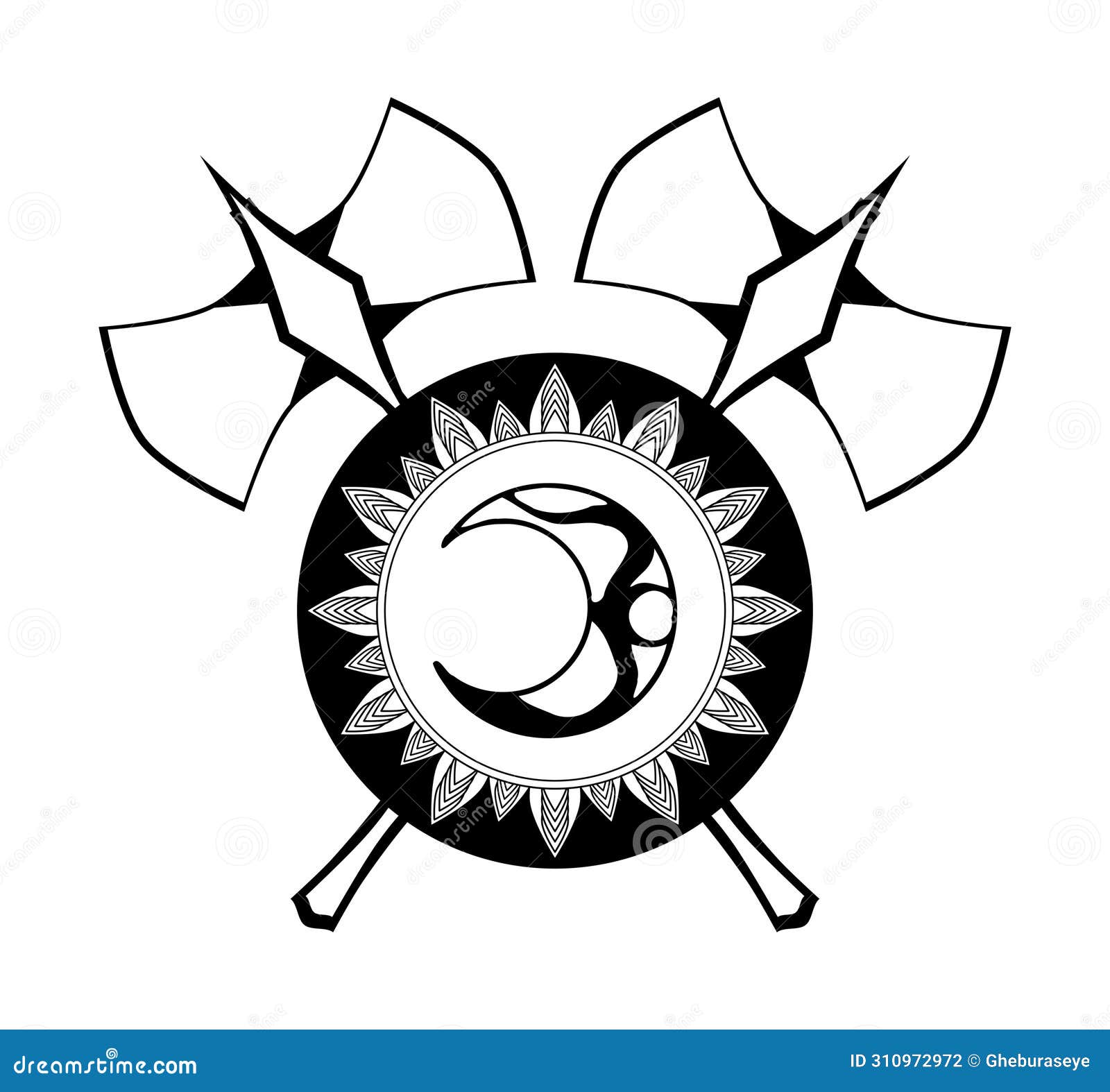 Moon Decorated with Double Axes, Black and White, Fantasy, Isolated ...