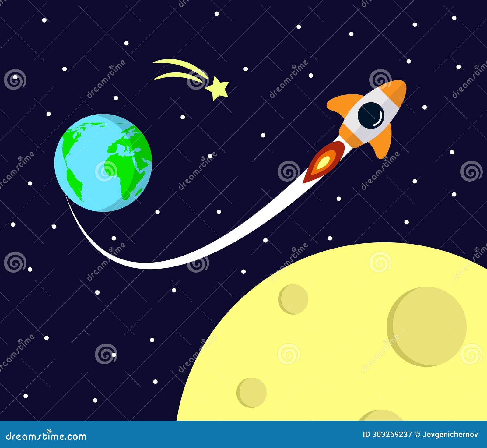 Moon Earth and Rocket in Space Flat Style Stock Vector - Illustration ...