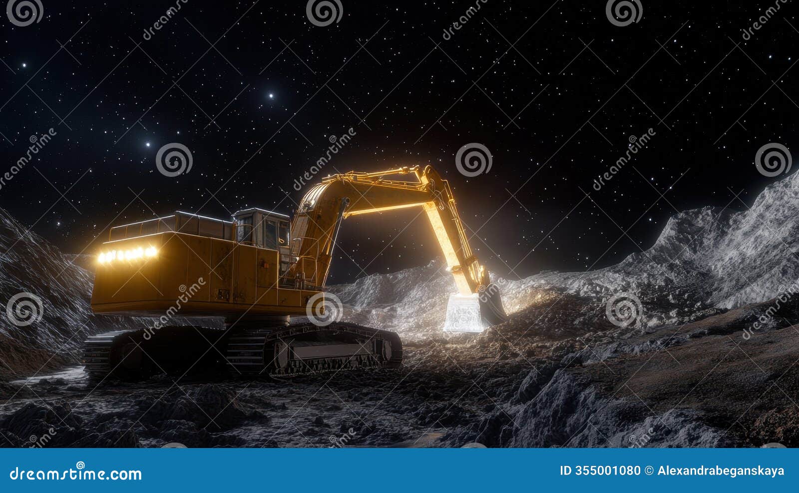 Moon Excavation: Heavy Machinery Operating Under Starry Night Sky Stock ...