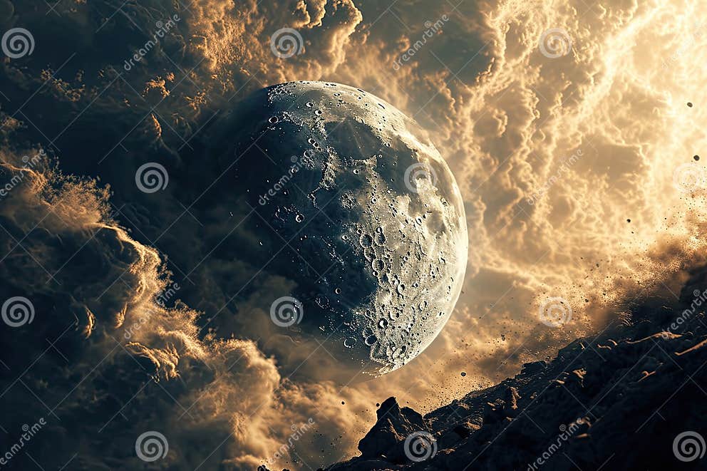The Moon the Moon Explodes, Surreal Landscape Stock Photo - Image of astronomy, explosion: 358398322