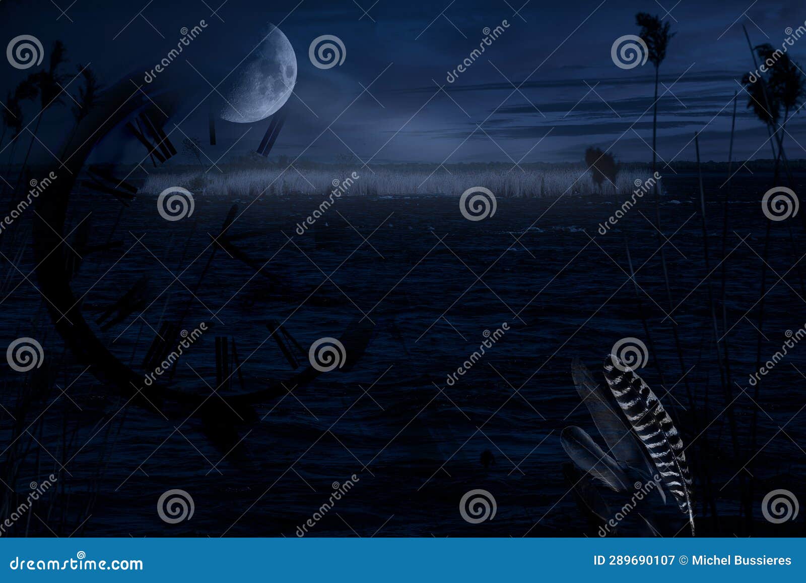 Moon Feather and Clock Night Montage on a River Stock Illustration ...