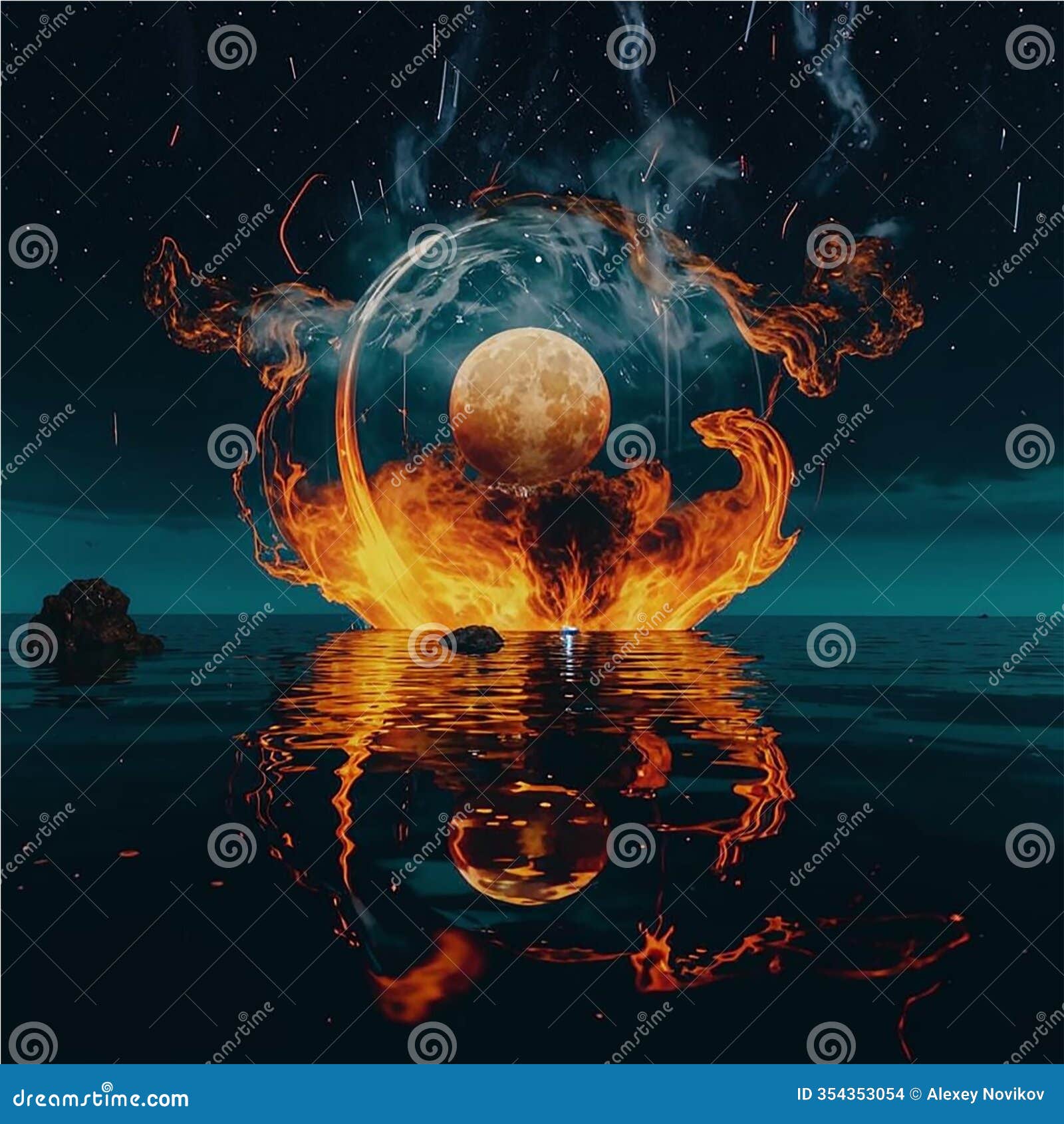Moon on fire over water stock photo. Image of universe - 354353054