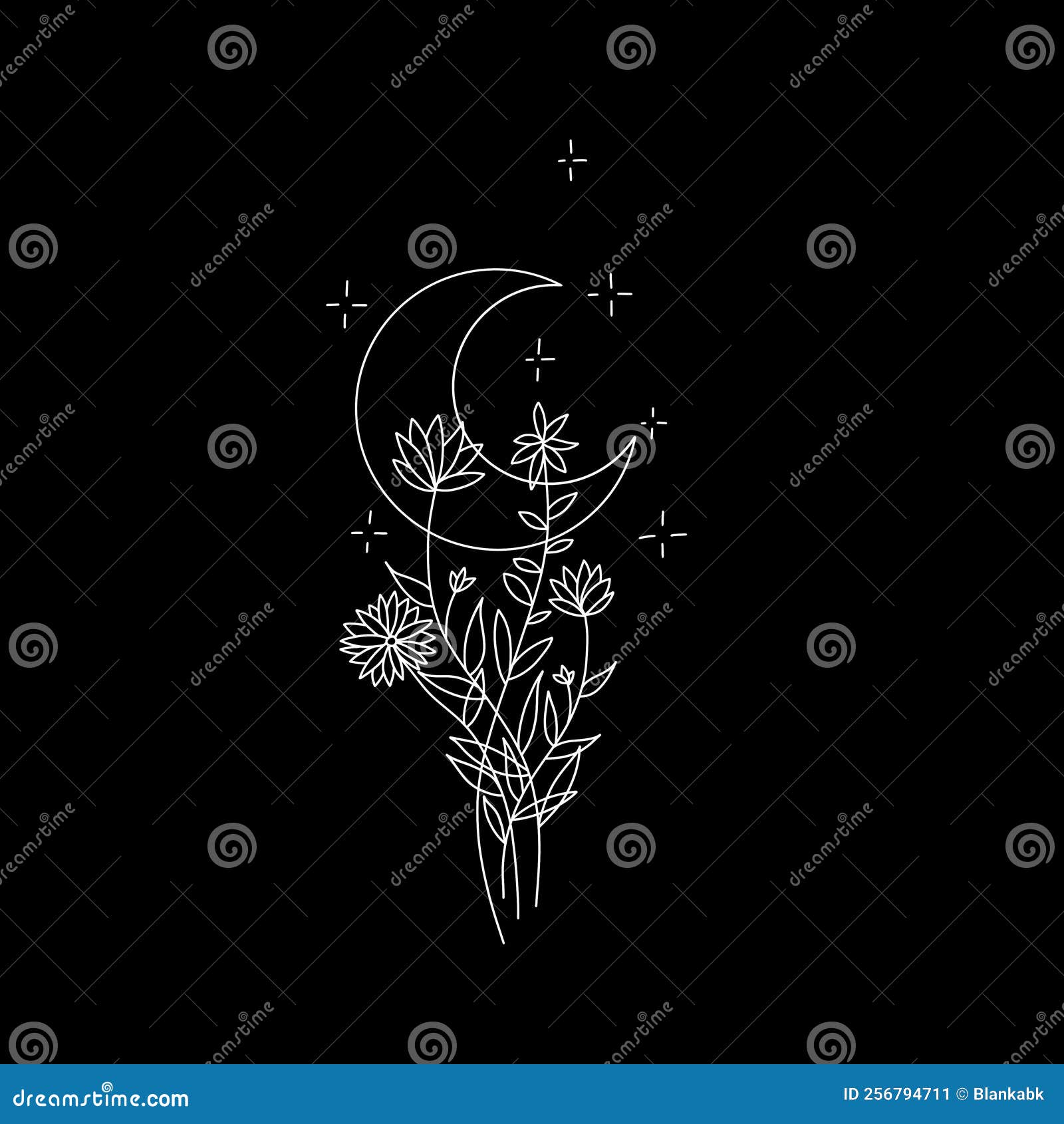 Moon and Flower Thin Outline on a Black Background Stock Illustration ...