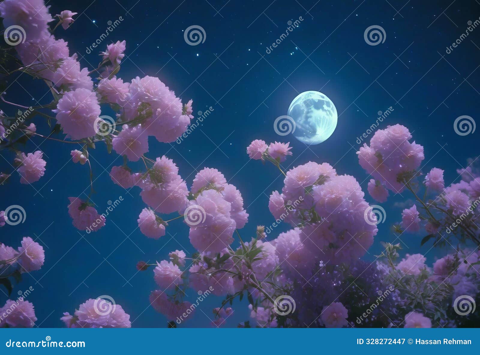 The Moon and Flowers are Shown on the Night Sky Stock Illustration ...