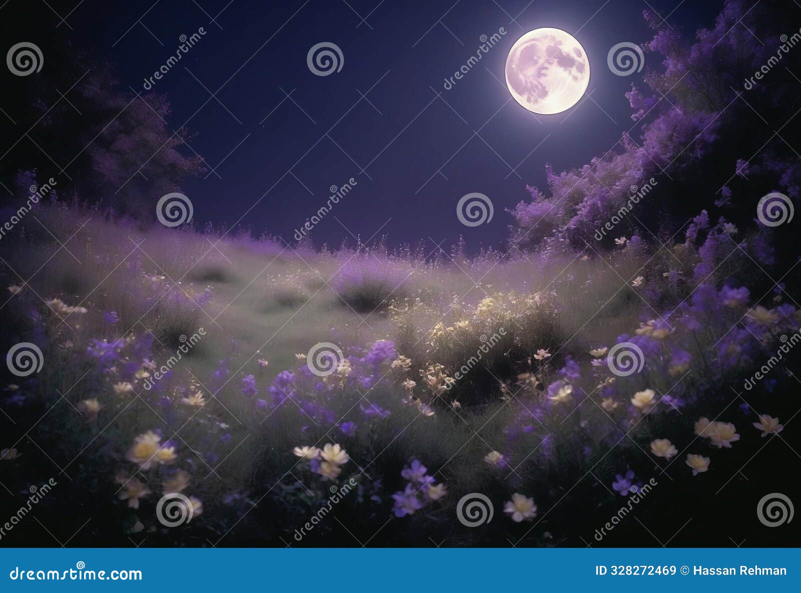The Moon and Flowers are Shown on the Night Sky Stock Illustration ...
