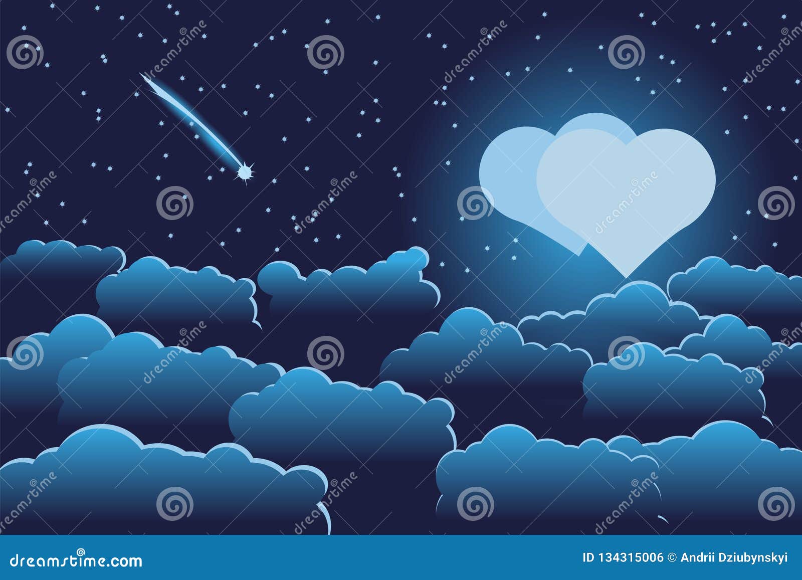 Moon in Form of Two Hearts, Comet, Starry Night Sky and Clouds of Blue ...
