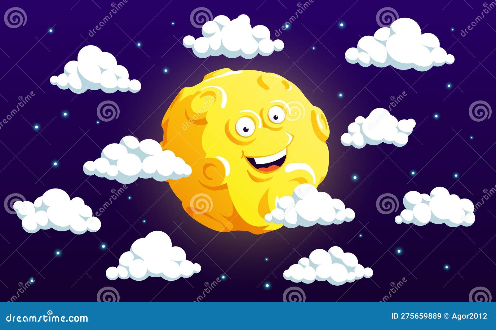 The Moon with a Funny Face among Clouds and Stars Stock Vector ...