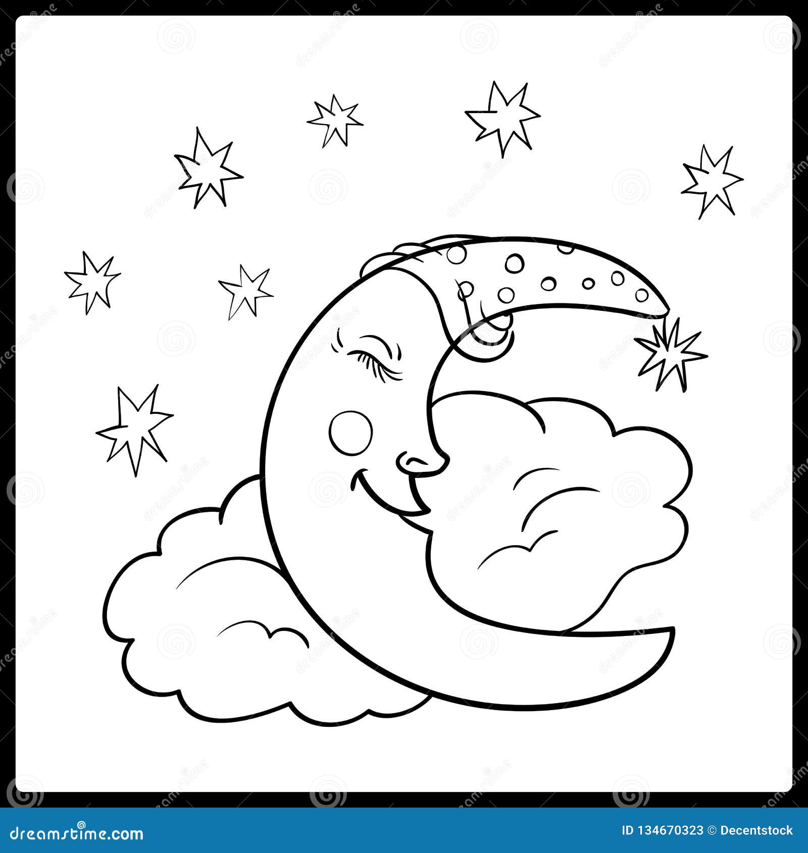 Moon, a Graphical Outline. Moon Sleeping on a Cloud with Stars in the ...