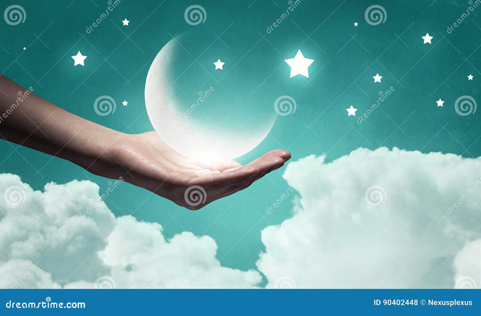 Moon in hand . Mixed media stock photo. Image of sign - 90402448