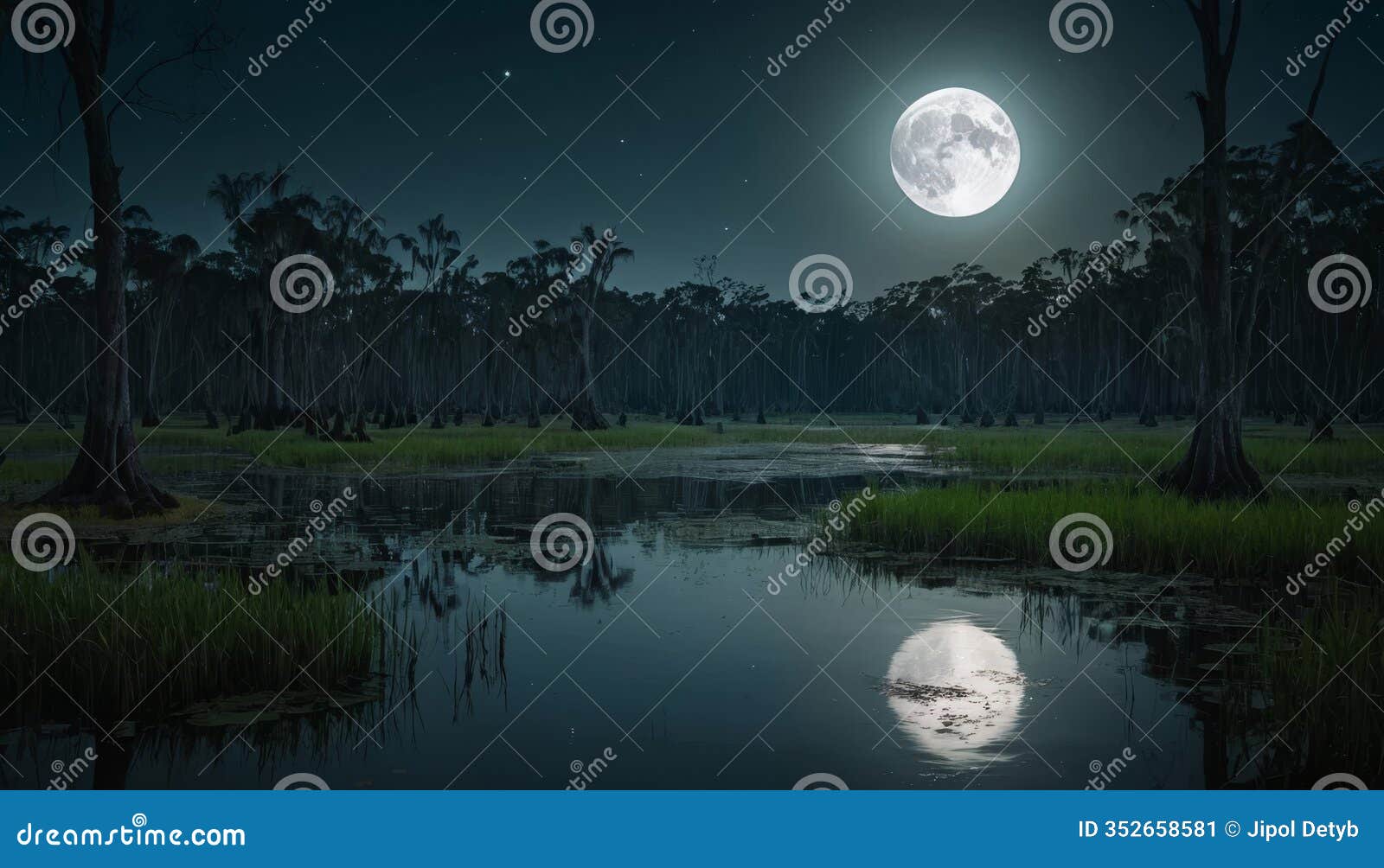 Moon Illuminating a Swamp at Night. Stock Illustration - Illustration ...