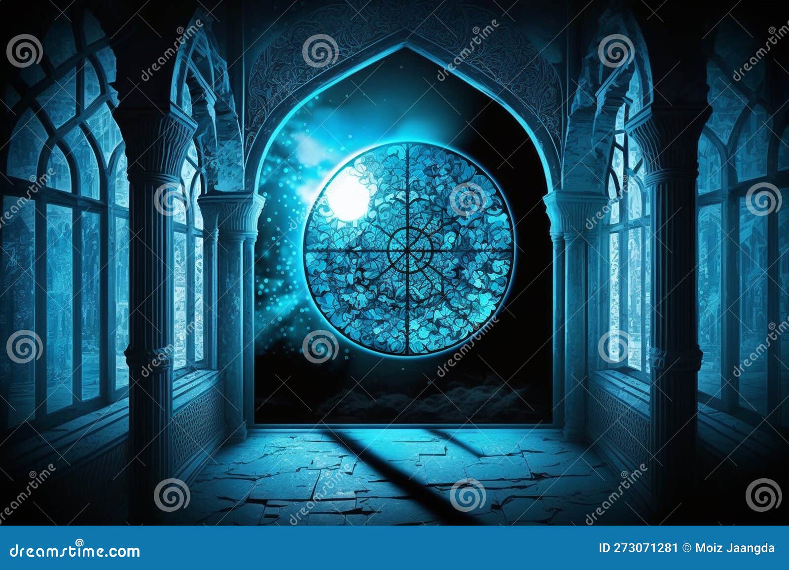 Moon Light Shine through the Window into Islamic Mosque Interior, Blue ...