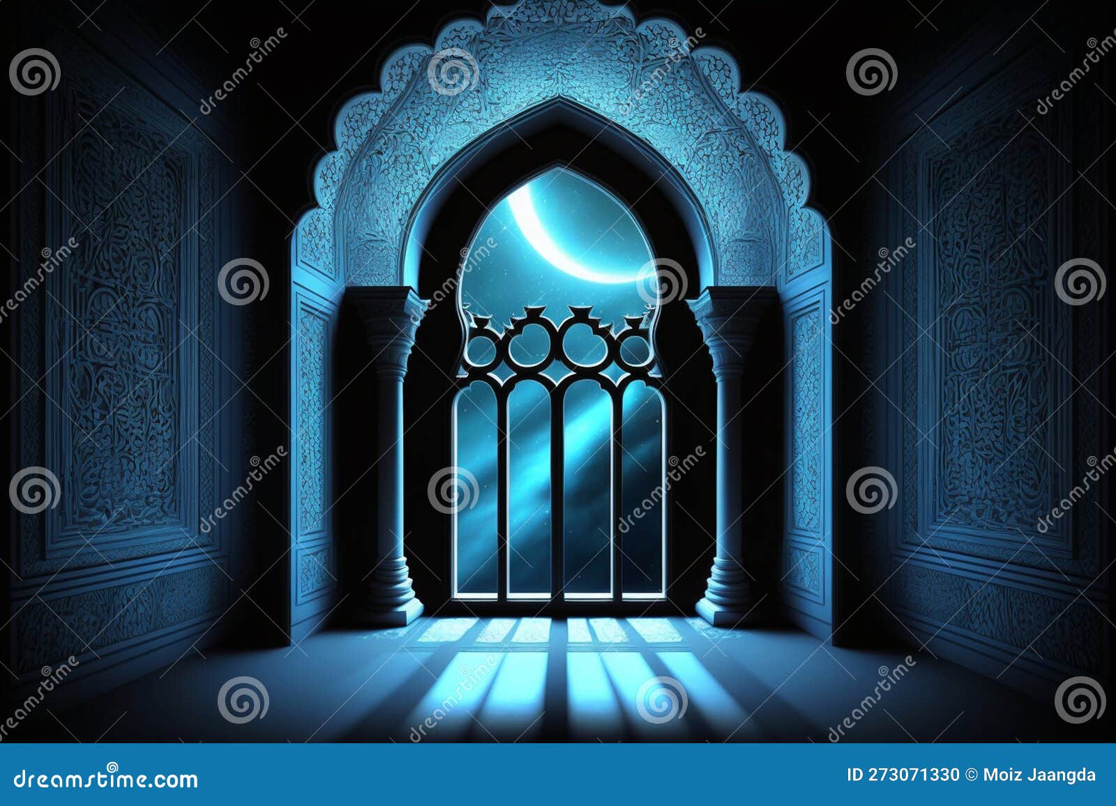 Moon Light Shine through the Window into Islamic Mosque Interior, Blue ...