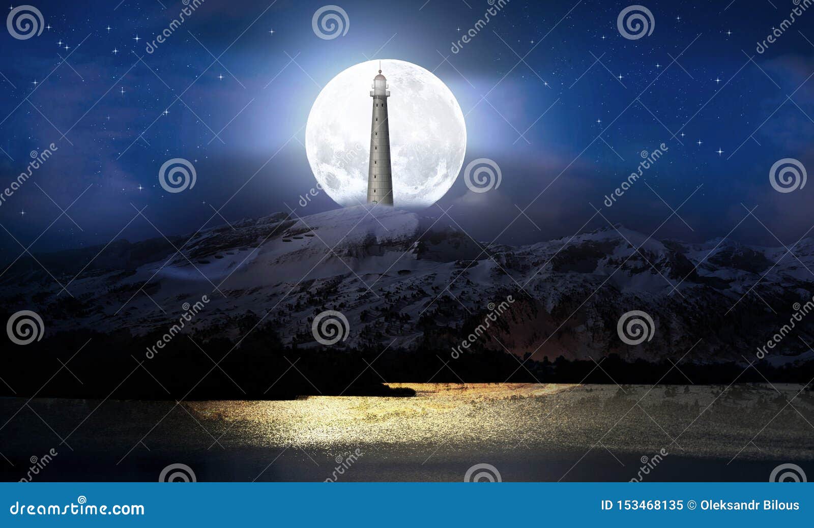 Moon and Lighthouse on the Mountain Stock Image - Image of saturn ...