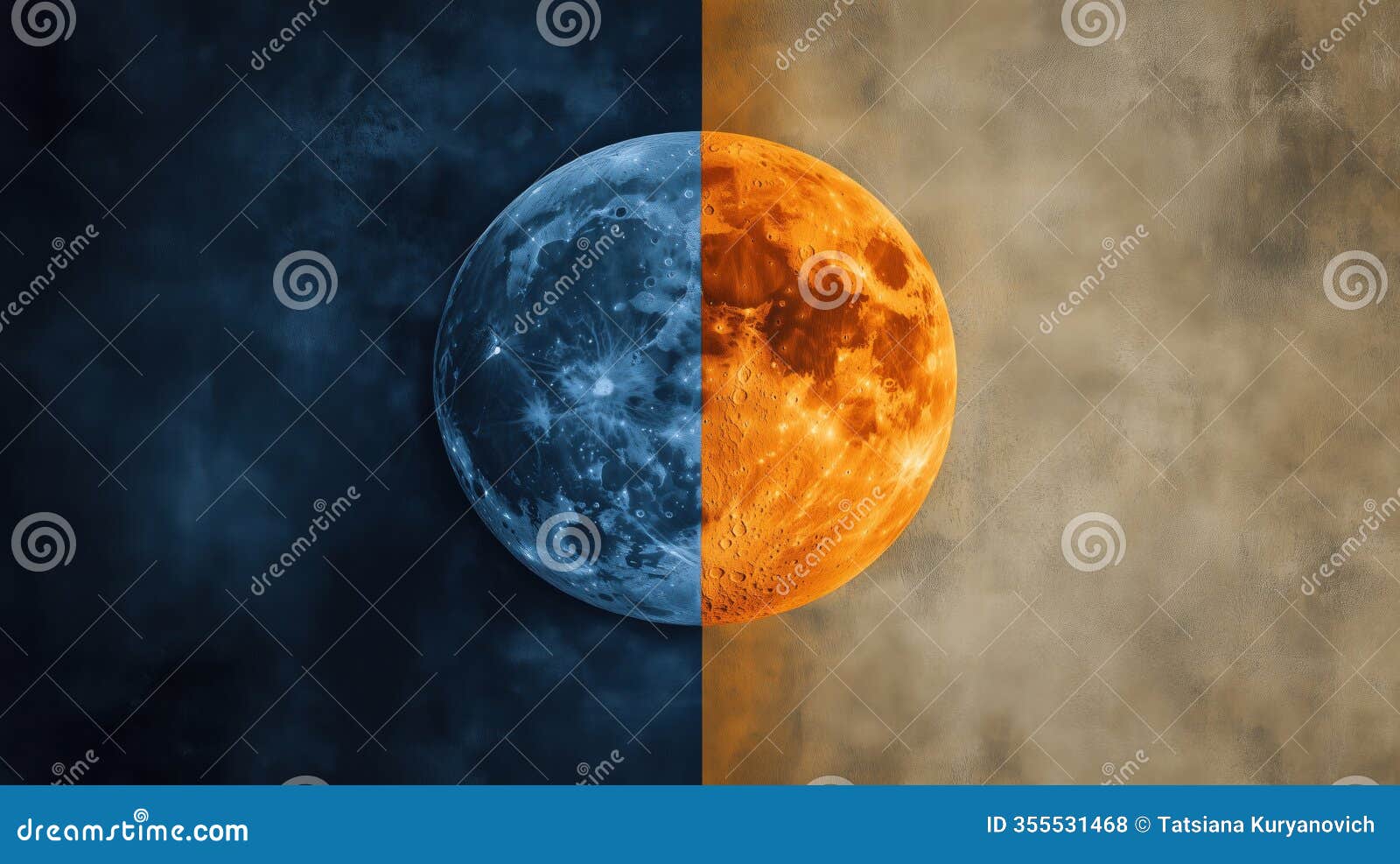 Moon and Mars Split View, Contrasting Colors, Textures, Celestial ...