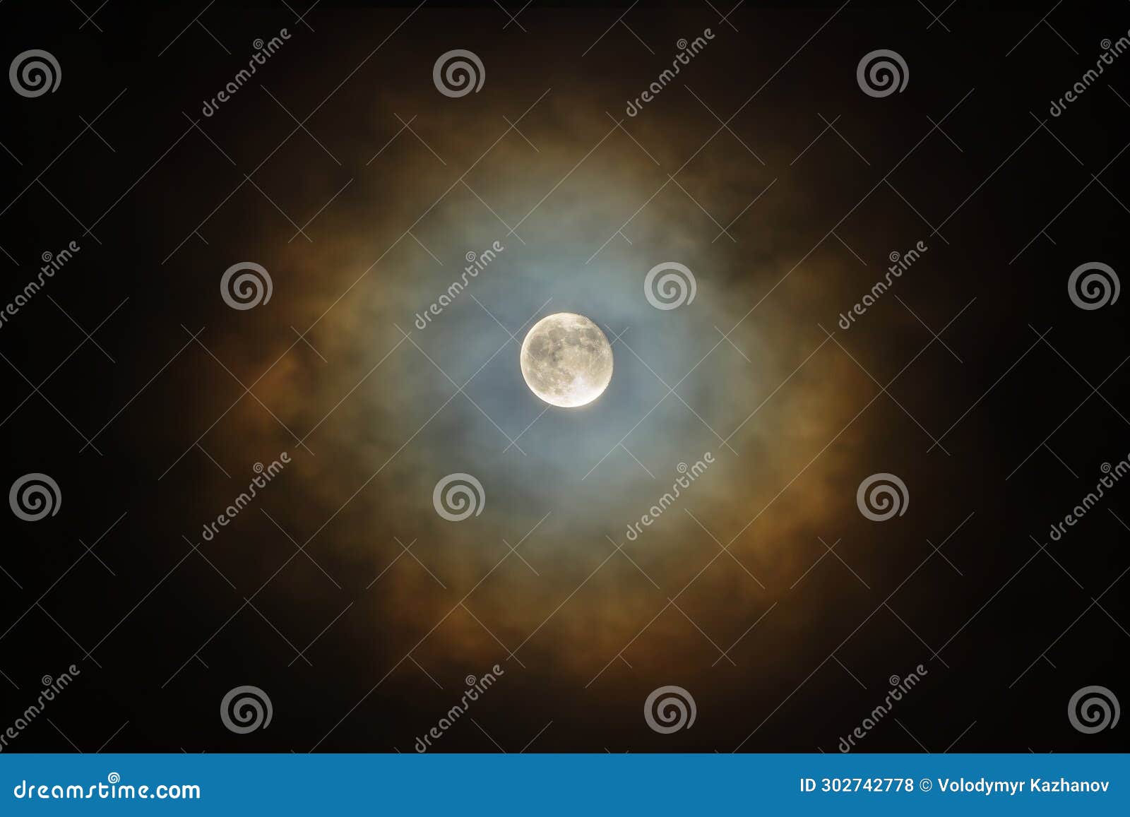 The Moon in the Night Dark Sky is Surrounded by Colored Clouds. Corona ...