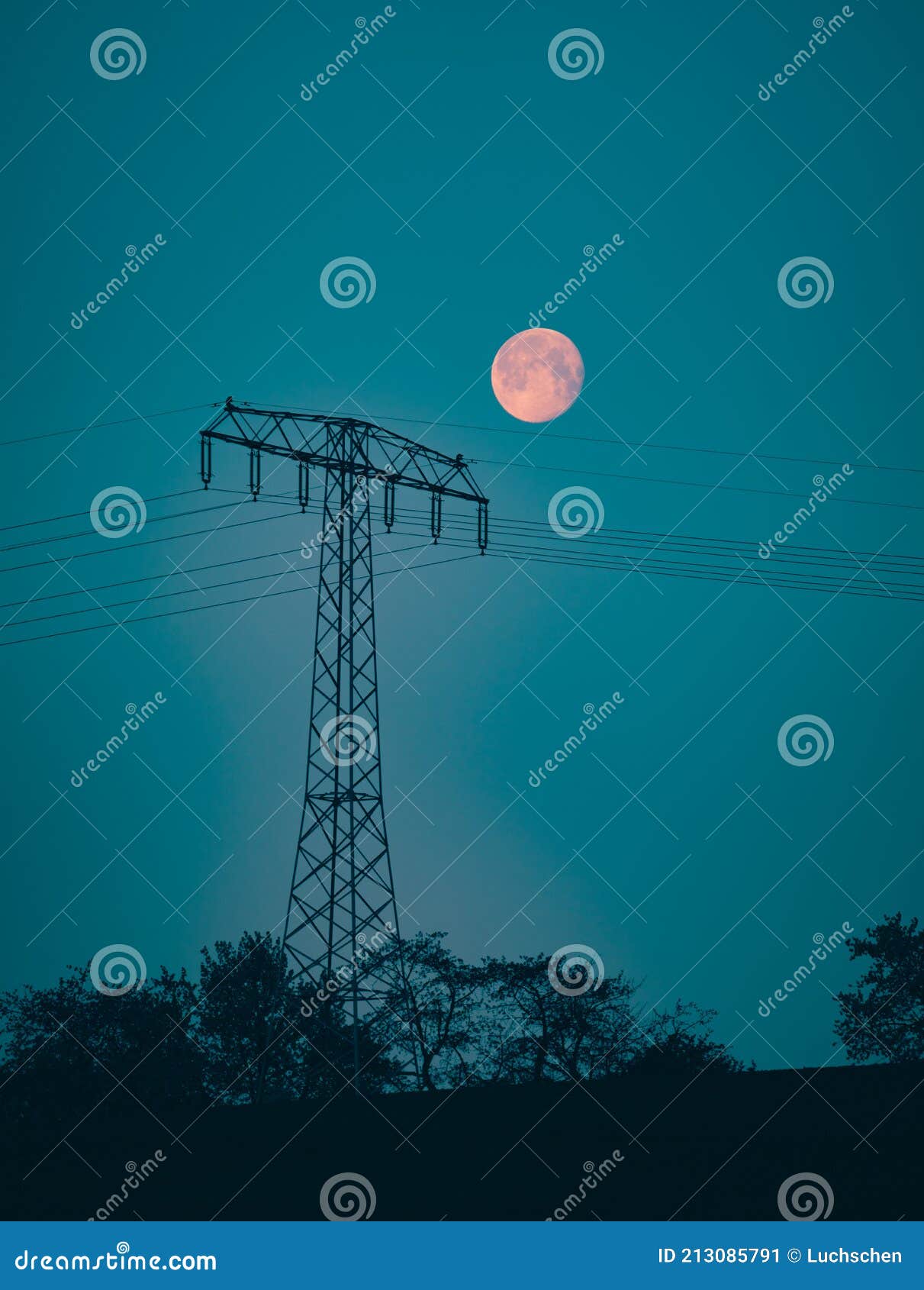 The Moon in the Night Sky Against the Background of Power Lines Stock ...
