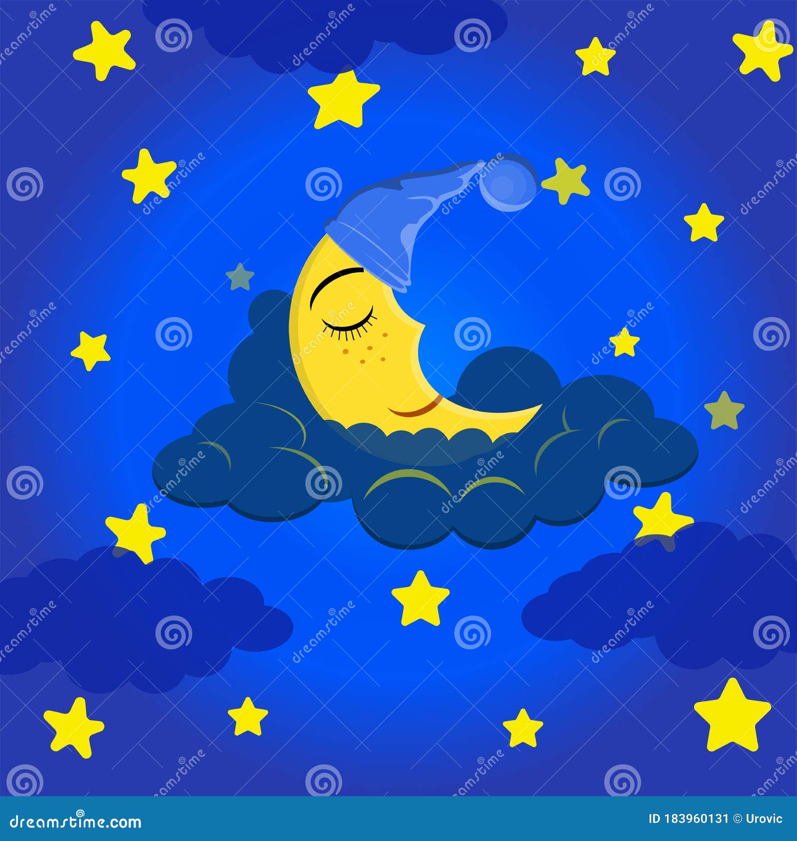 Moon in a Nightcap Sleeps in the Clouds Stock Vector - Illustration of ...